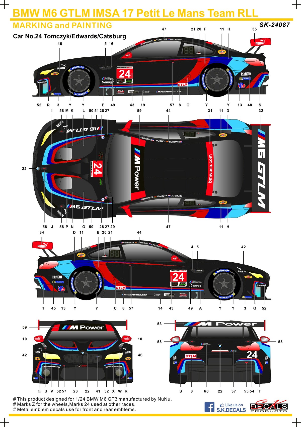 S.K. Decals BMW M6 GTLM IMSA 17 Team RLL Decals (Platz) - 1/24 Scale