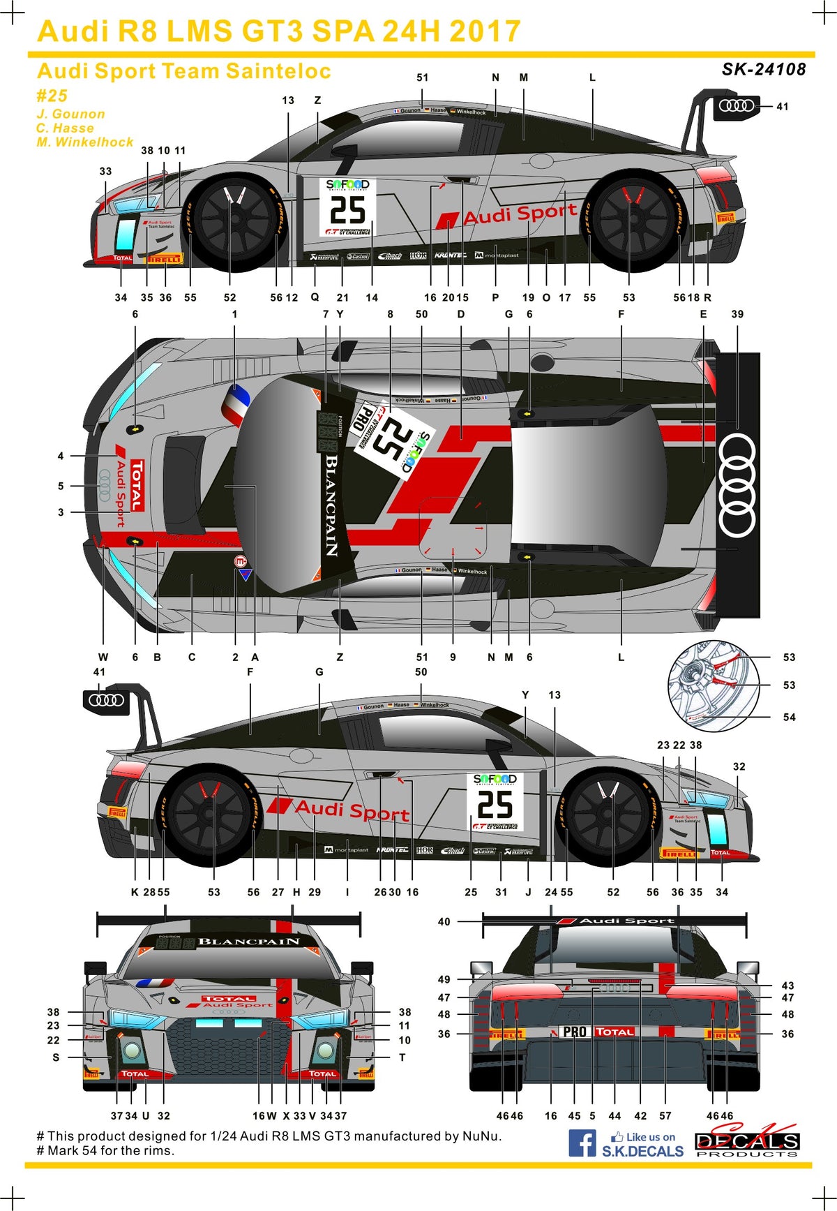 S.K. Decals Audi R8 LMS GT3 Spa 24 Hours 2017 Decals (NuNu) - 1/24 Sca
