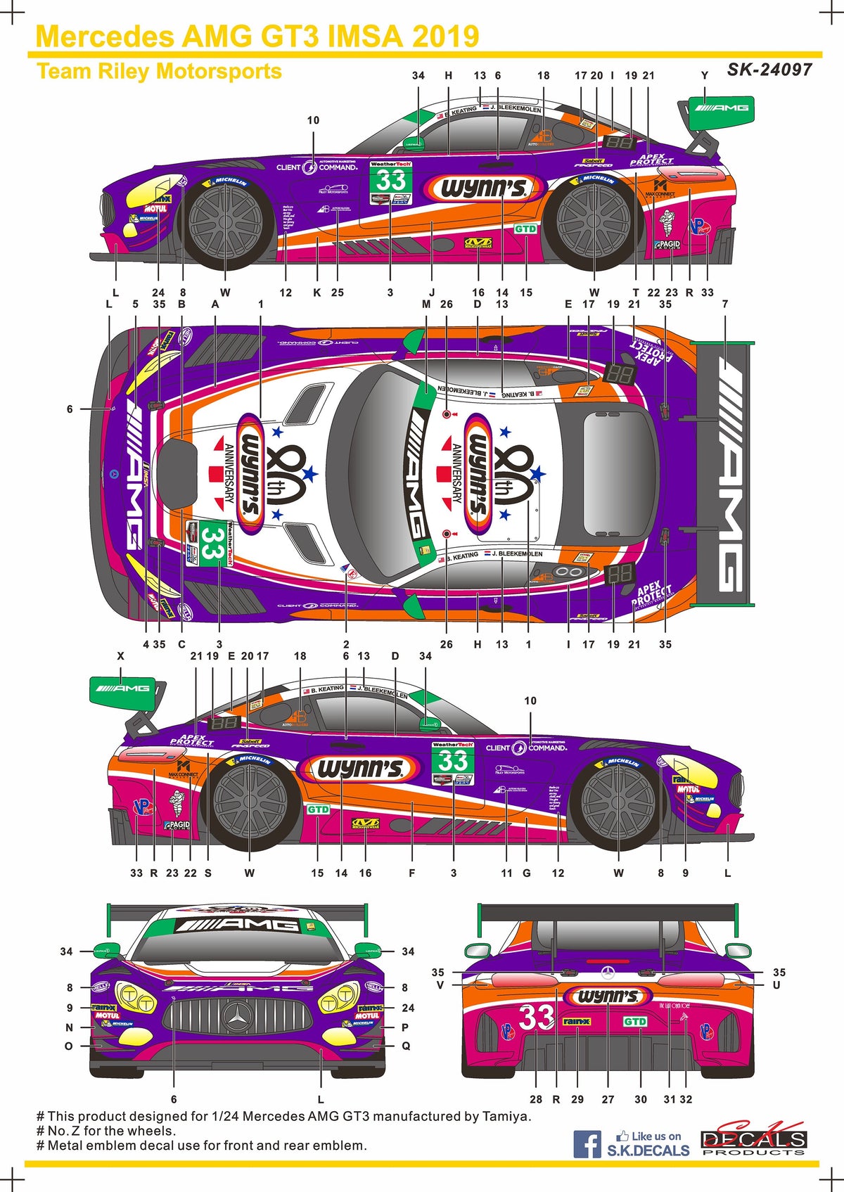 S.K. Decals Mercedes AMG GT3 IMSA 19 Team Riley Motorsports Wynn's Dec