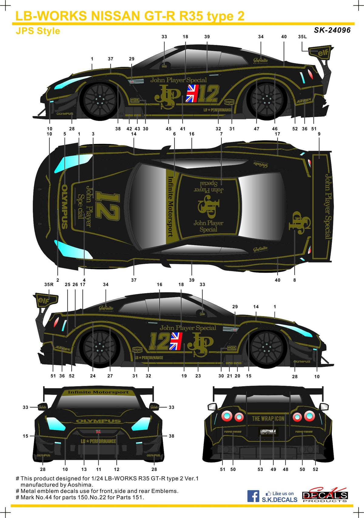 S.K. Decals LB-WORKS Nissan GT-R R35 type 2 JPS (John Player Special)