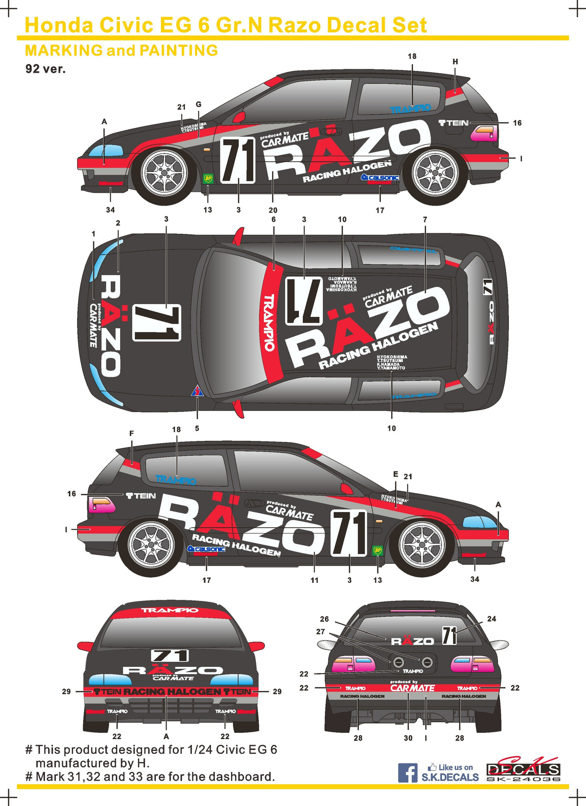 S.K. Decals Civic EG6 Gr.N Razo Decals - 1/24 Scale