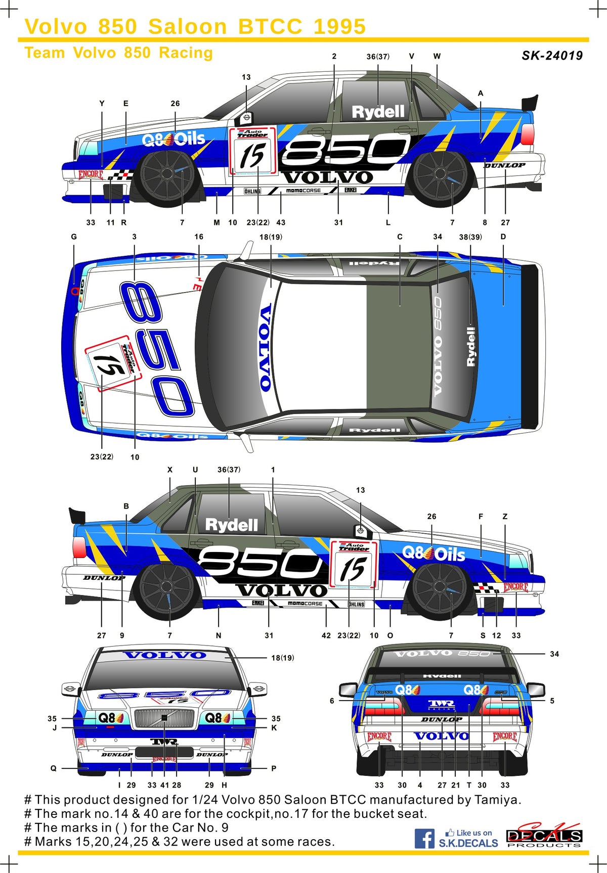 S.K. Decals Volvo 850 Saloon BTCC 1995 (Q8) Decals (Tamiya) - 1/24 Sca